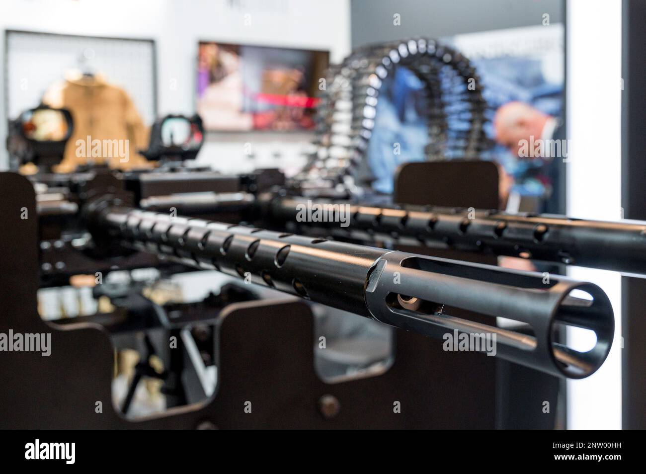 Nuremberg, Germany. 28th Feb, 2023. A machine gun is on display at the Canik Arms booth. The ...