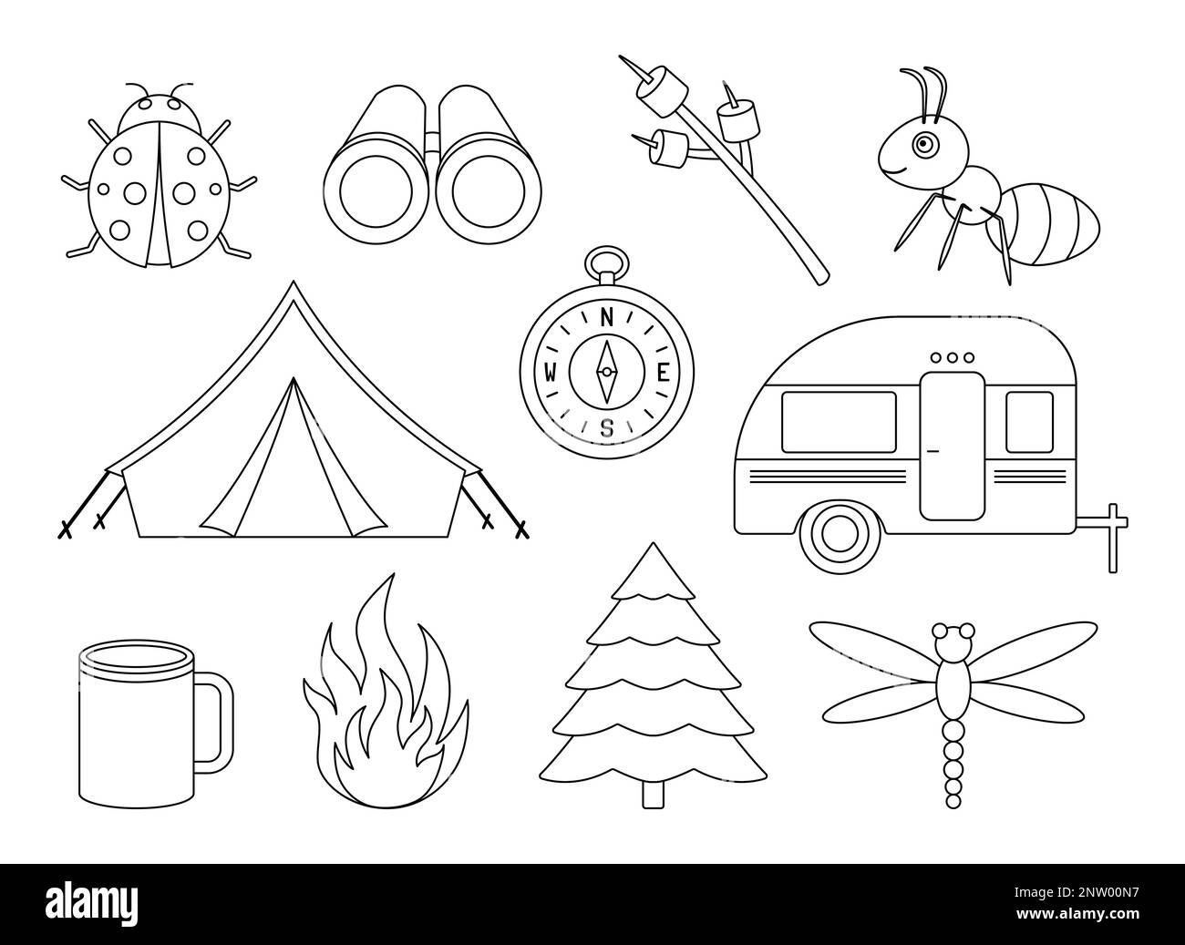 Camping simple line element collection. Outdoor adventure objects ...