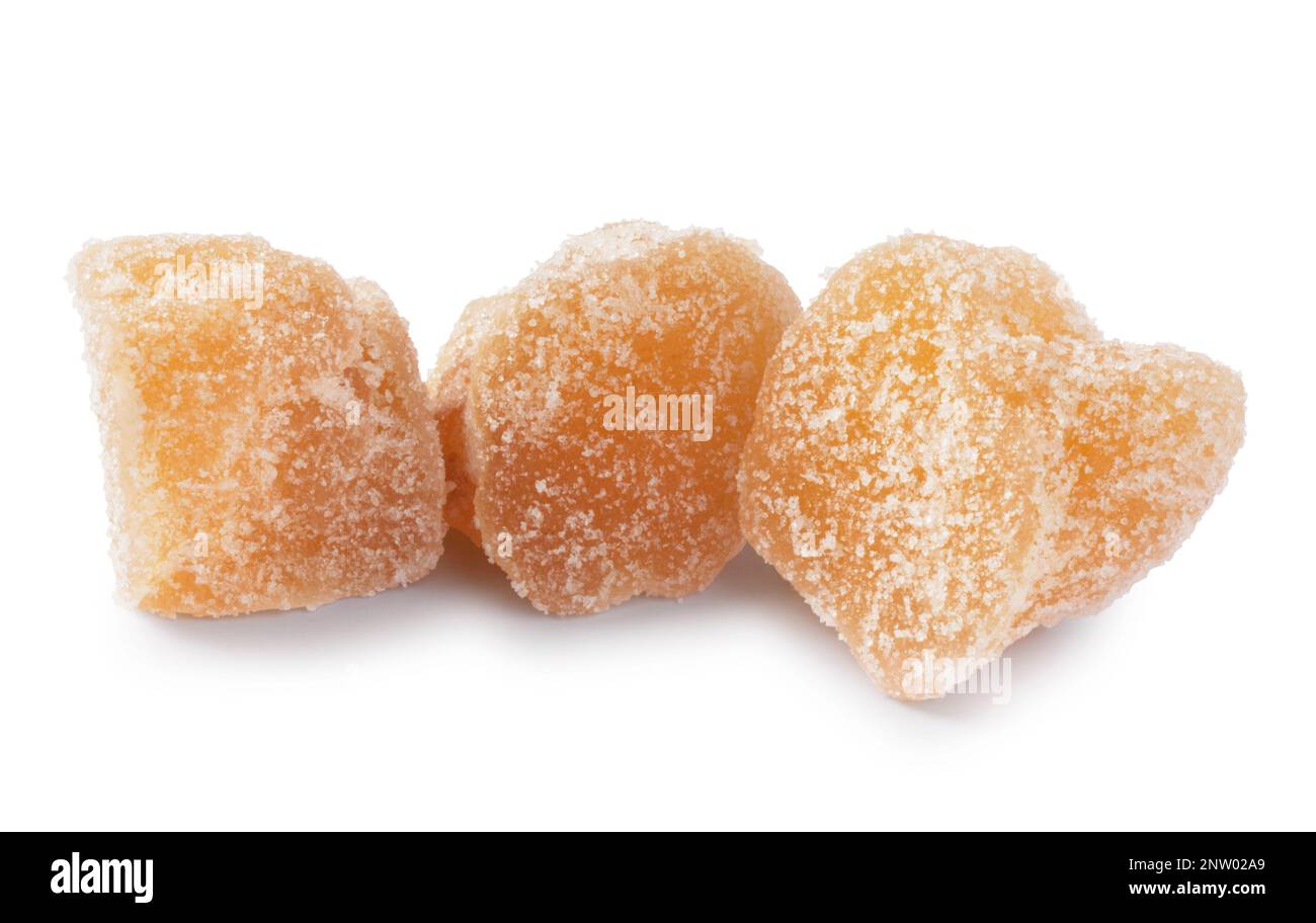 Studio shot of crystallised ginger cut out against a white background ...
