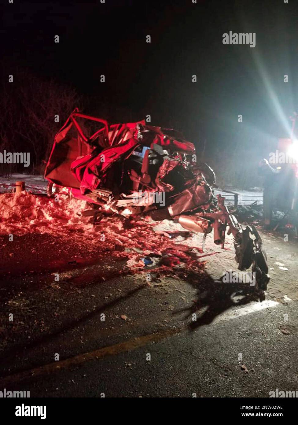 In this Feb. 3, 2019 photo, a smashed pickup truck sits on train tracks ...