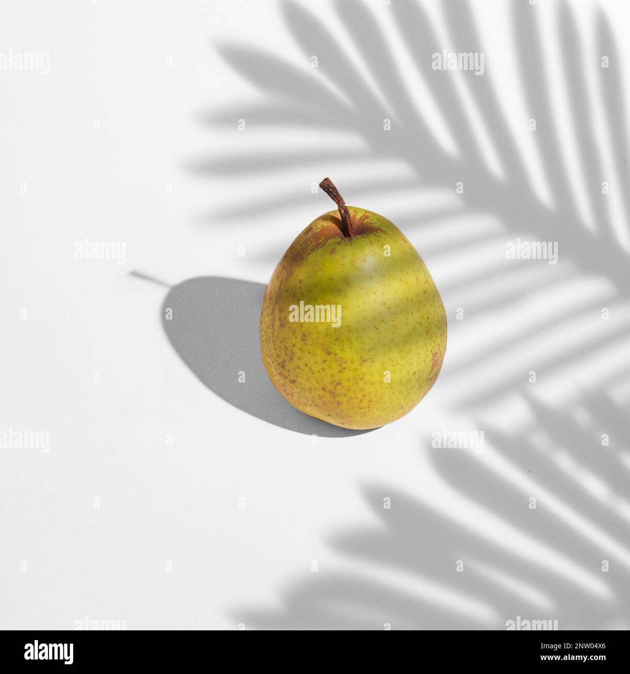 Pear, on gray background, sharp shadows, the shadow of palm leaves over ...