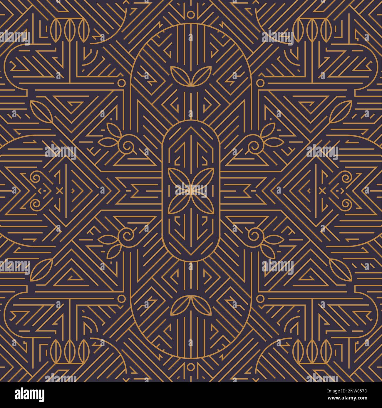 Vector art deco gold black seamless pattern. Geometric line vintage motif with leaves and swirls ...