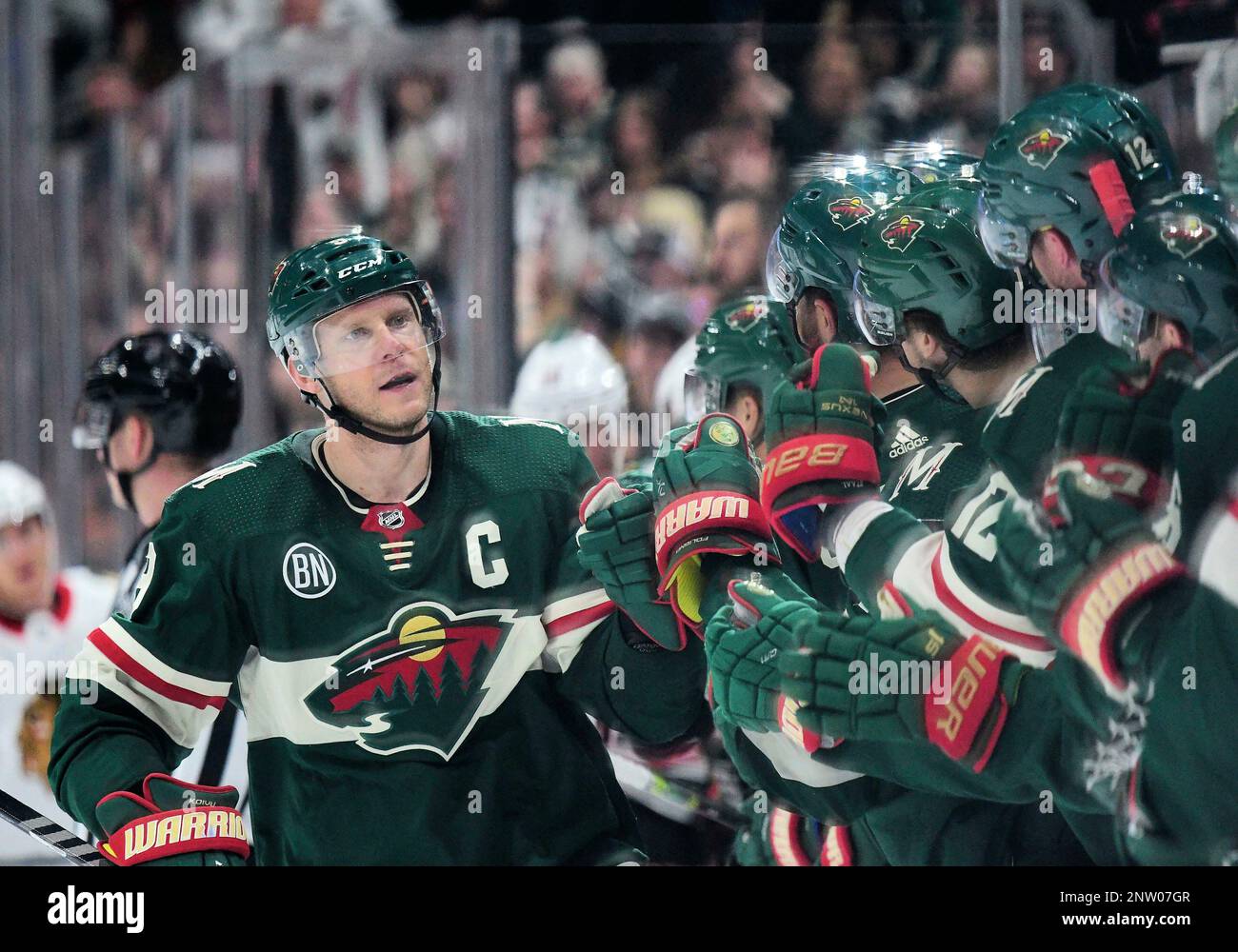 February 2, 2019 Minnesota Wild center Mikko Koivu (9) is congratulated ...