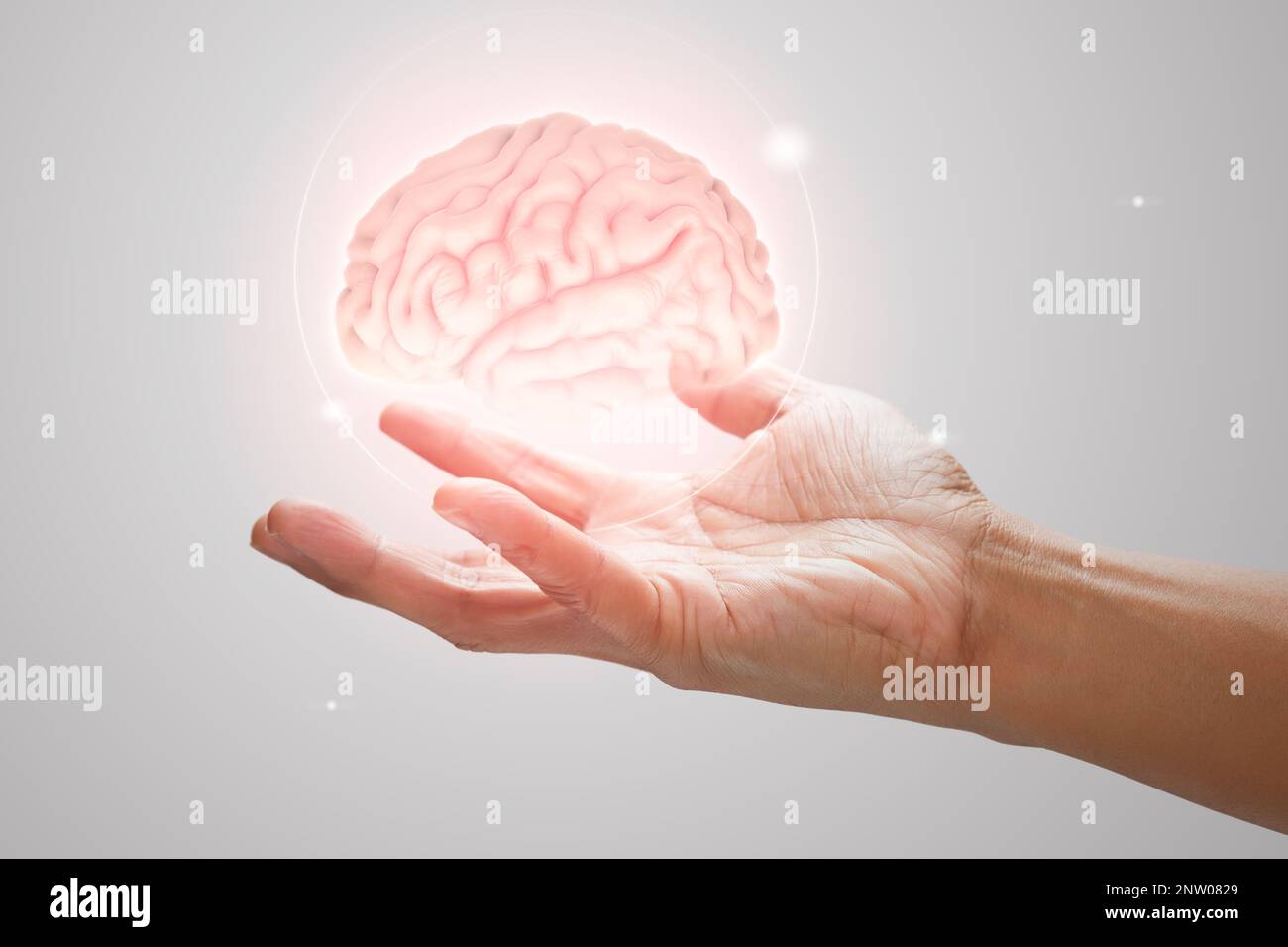 Man holding brain illustration against gray wall background. Concept ...