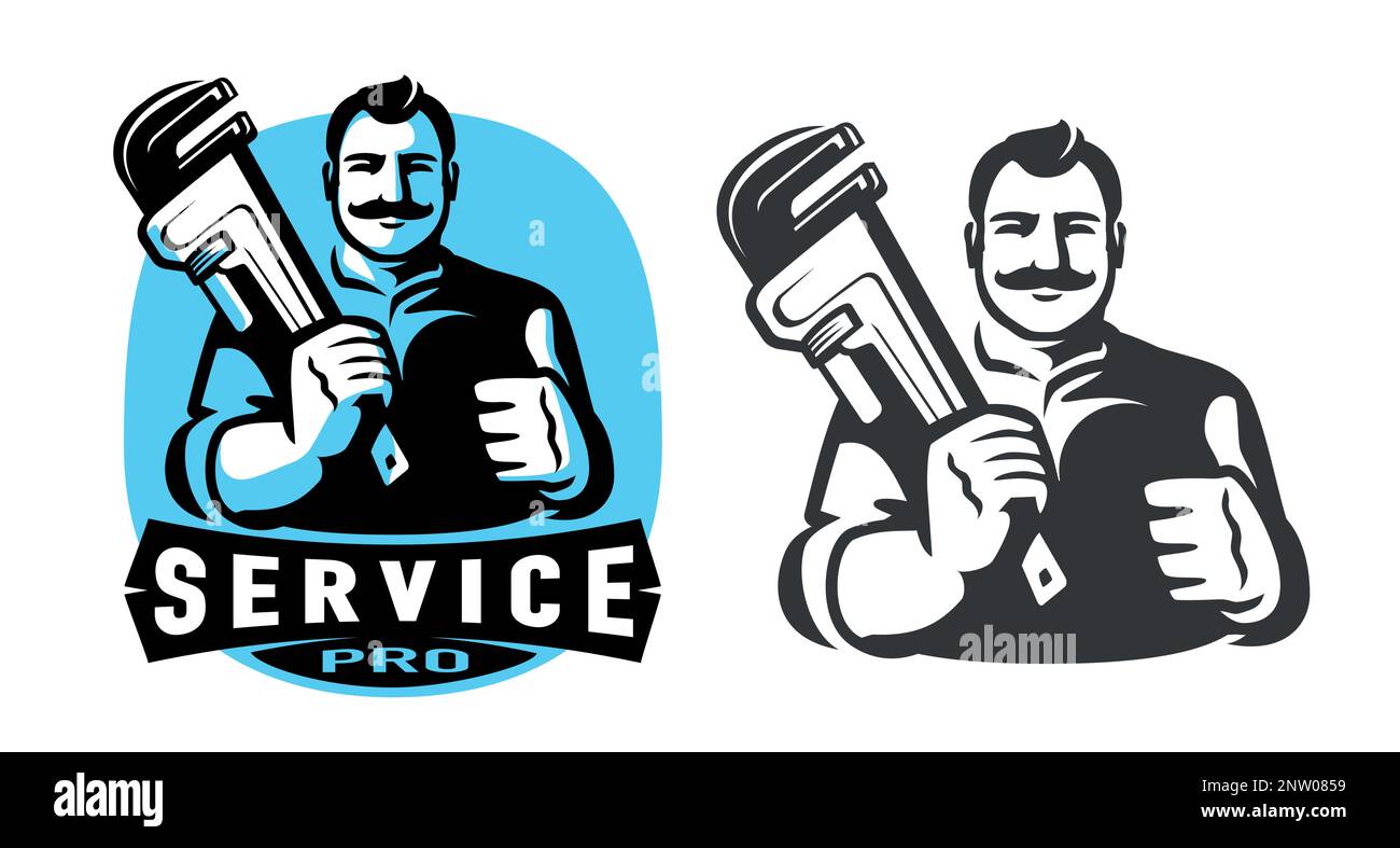 Plumber with plumbing wrench. Technical service emblem, logo ...