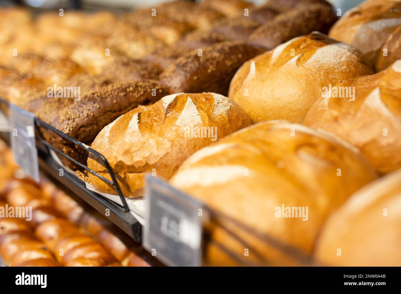 fresh golden breads on the shelf of the bread section of the ...