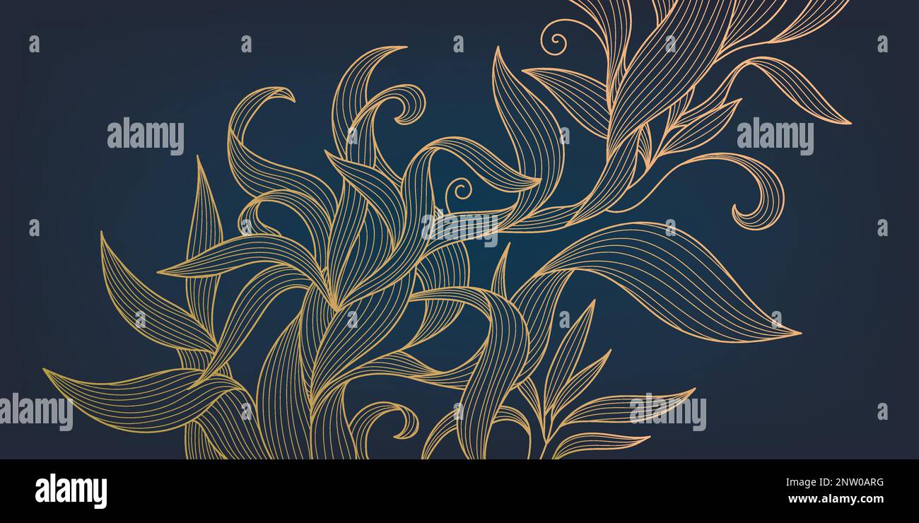 Vector art deco luxury flower line pattern, golden background. Hand ...