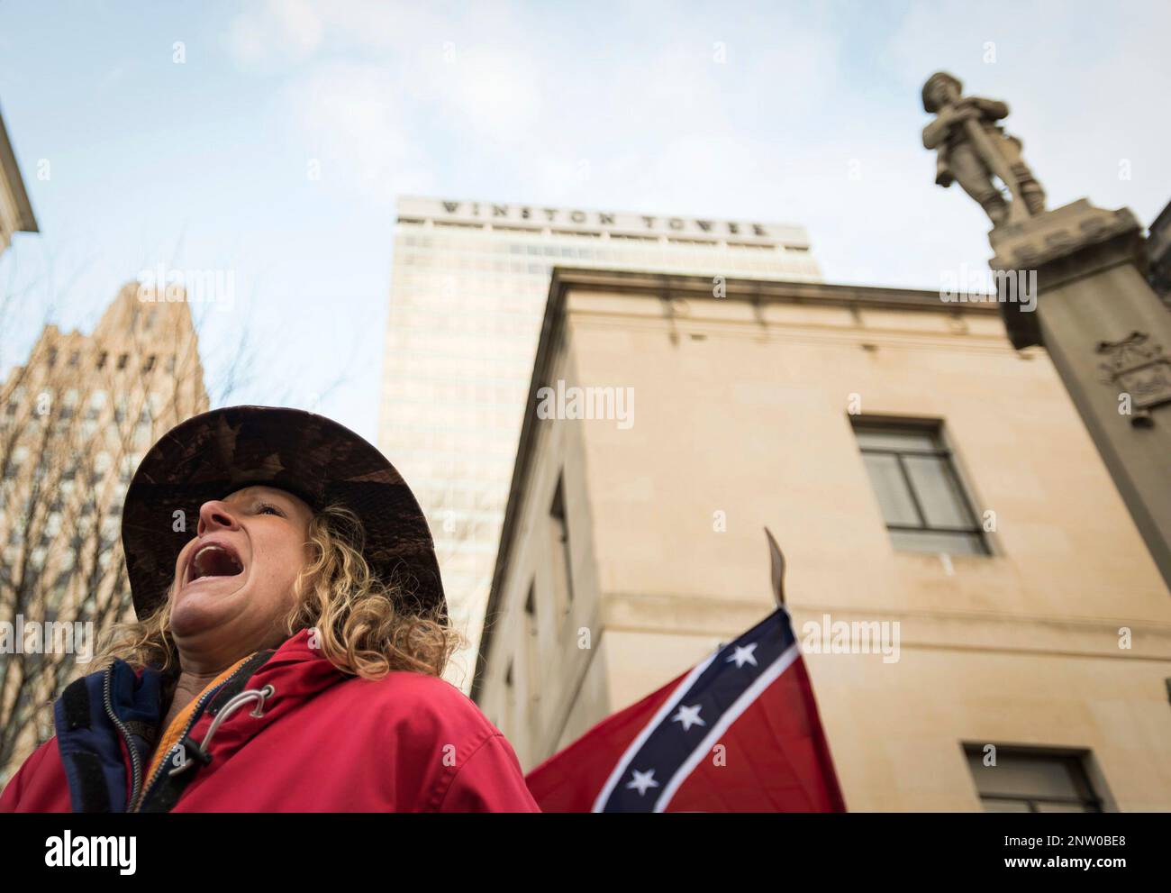 Jenna Bernstein shares her views while standing in front of the Confederate monument Friday, Feb ...