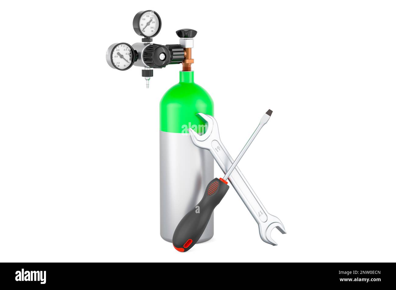 Oxygen tank, gas cylinder with screwdriver and wrench, 3D rendering ...
