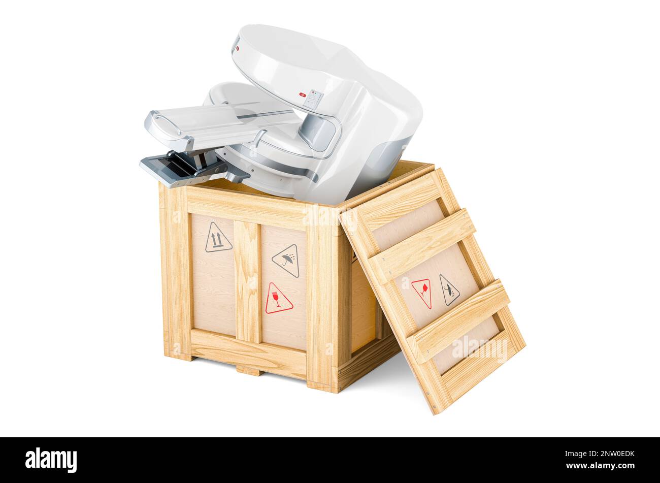 Open MRI Machine inside wooden box, delivery concept. 3D rendering ...