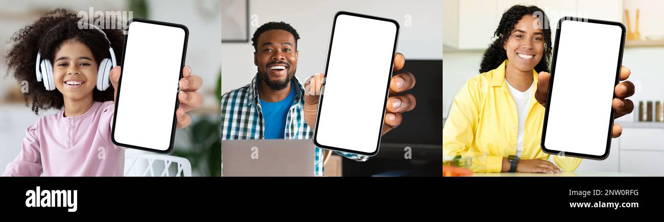 Different African American People Demonstrating Empty Cellphone Screens ...
