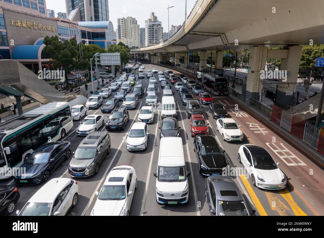 SHANGHAI, CHINA - FEBRUARY 28, 2023 - Traffic jams on a road in ...