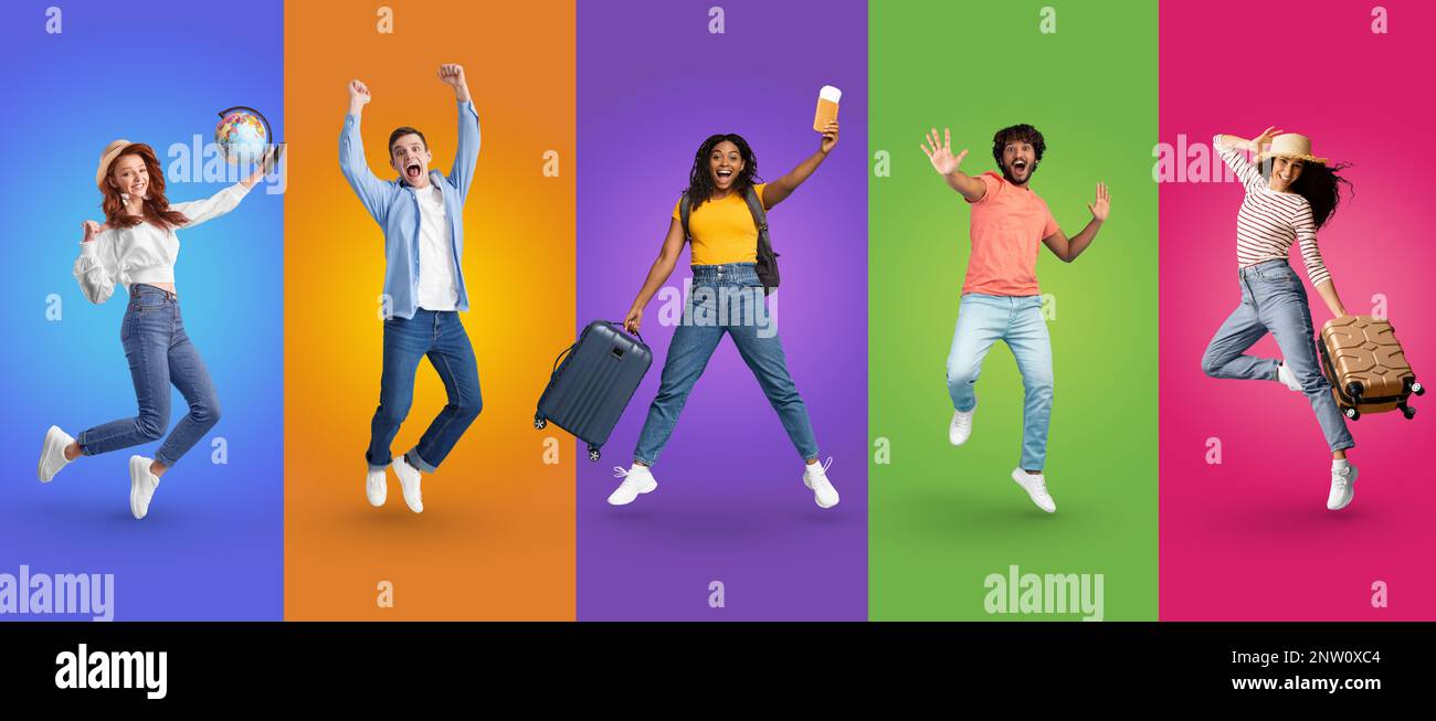 Multicultural millennials going vacation, collage for travelling ...