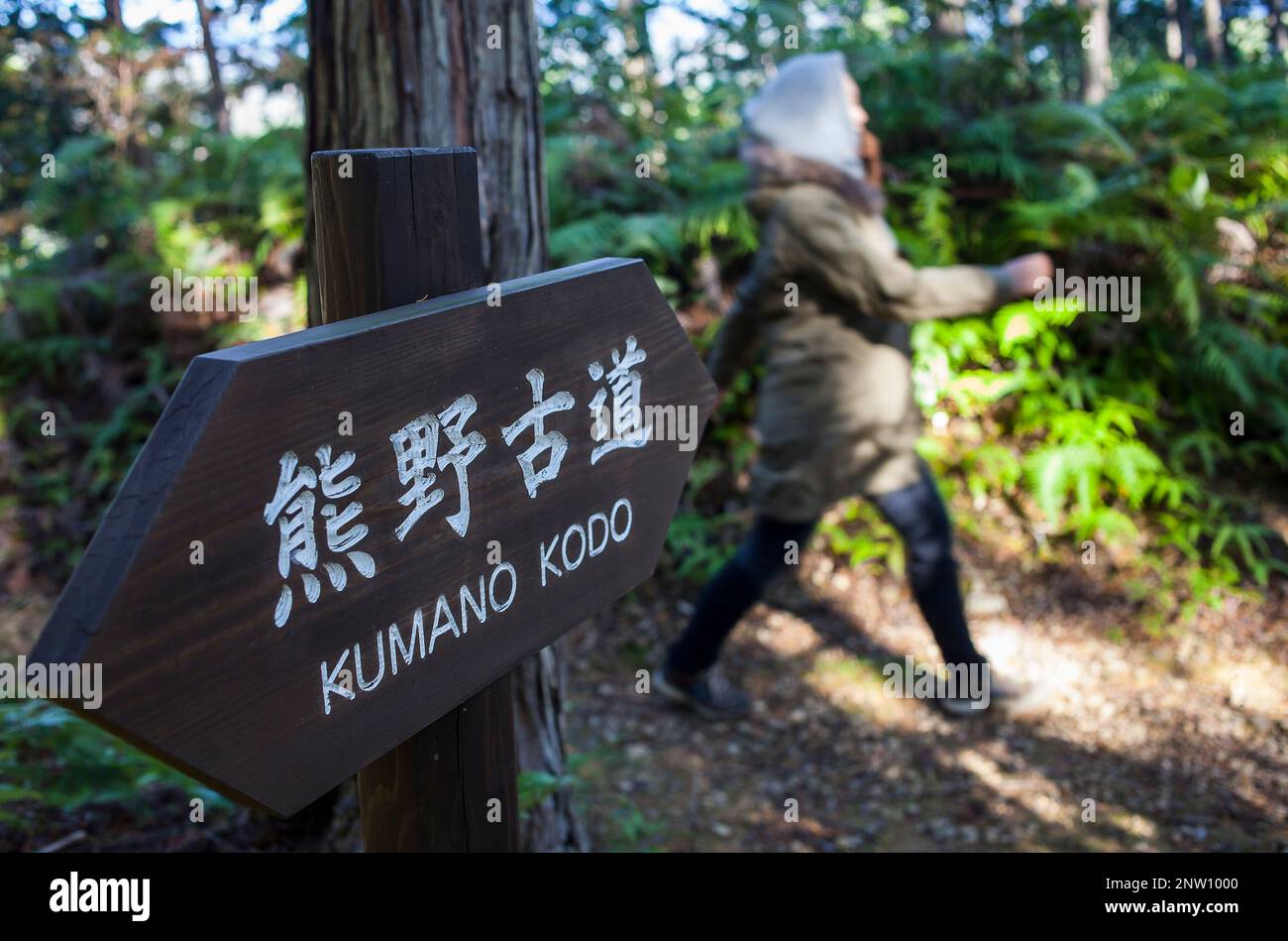 Pilgrim in Kumano Kodo near Kumano Hongu Taisha grand Shrine, Nakahechi ...