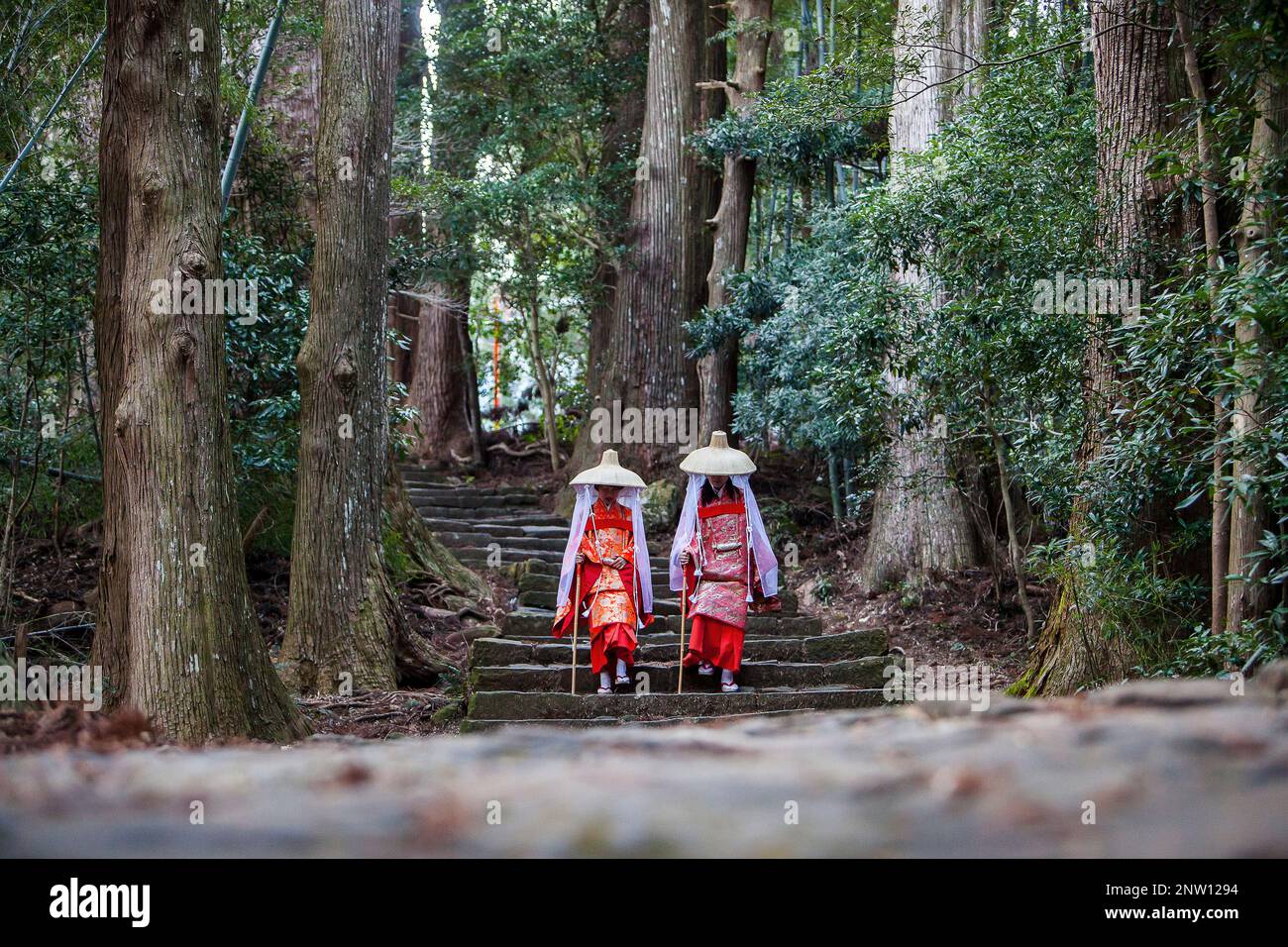 Pilgrims in Heian period costumes, in Daimon-zaka Slope, access at Kumano Nachi Taisha Grand ...