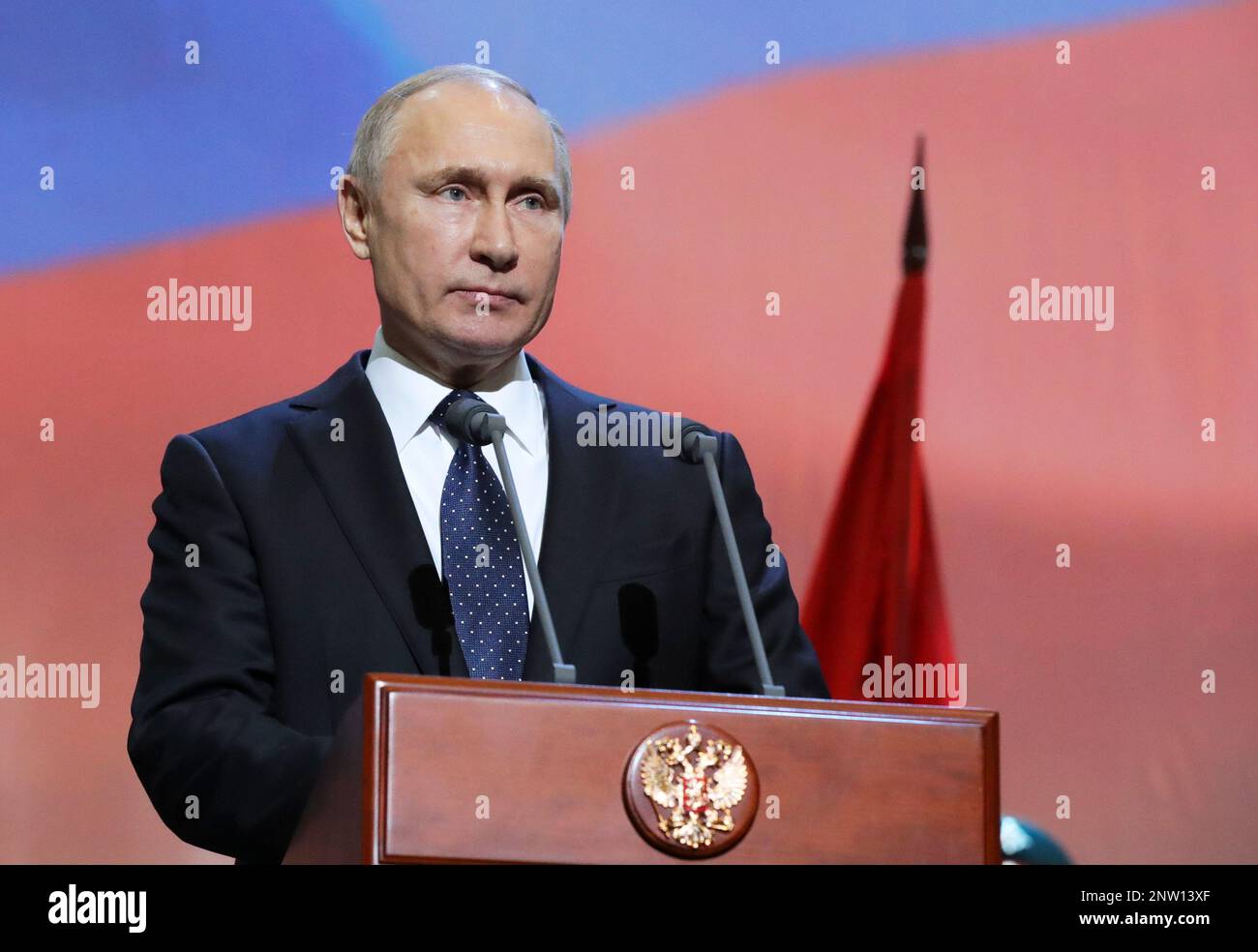 Russian President Vladimir Putin delivers his speech prior to a concert ...