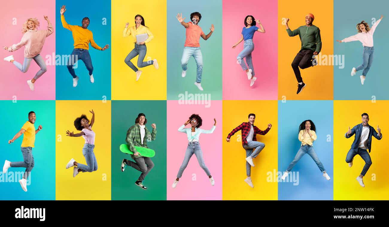 Great Offer. Full Length Of Happy Excited People Jumping On Colorful ...