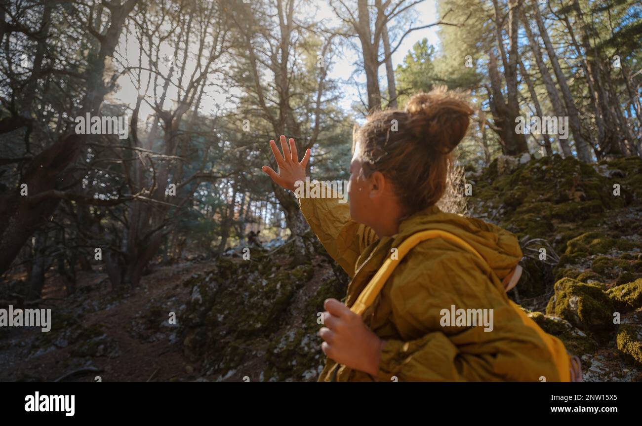 caucasian woman enjoys being in nature, beautiful forest in mountains ...