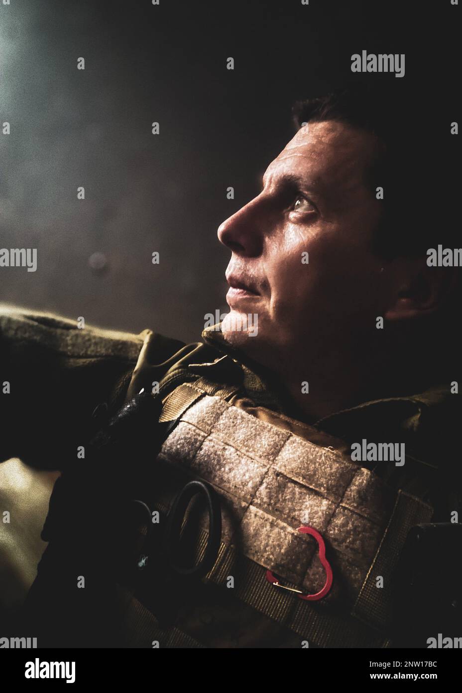 Stoic resolve of prisoner of war. Portrait of calm and strong soldier ...