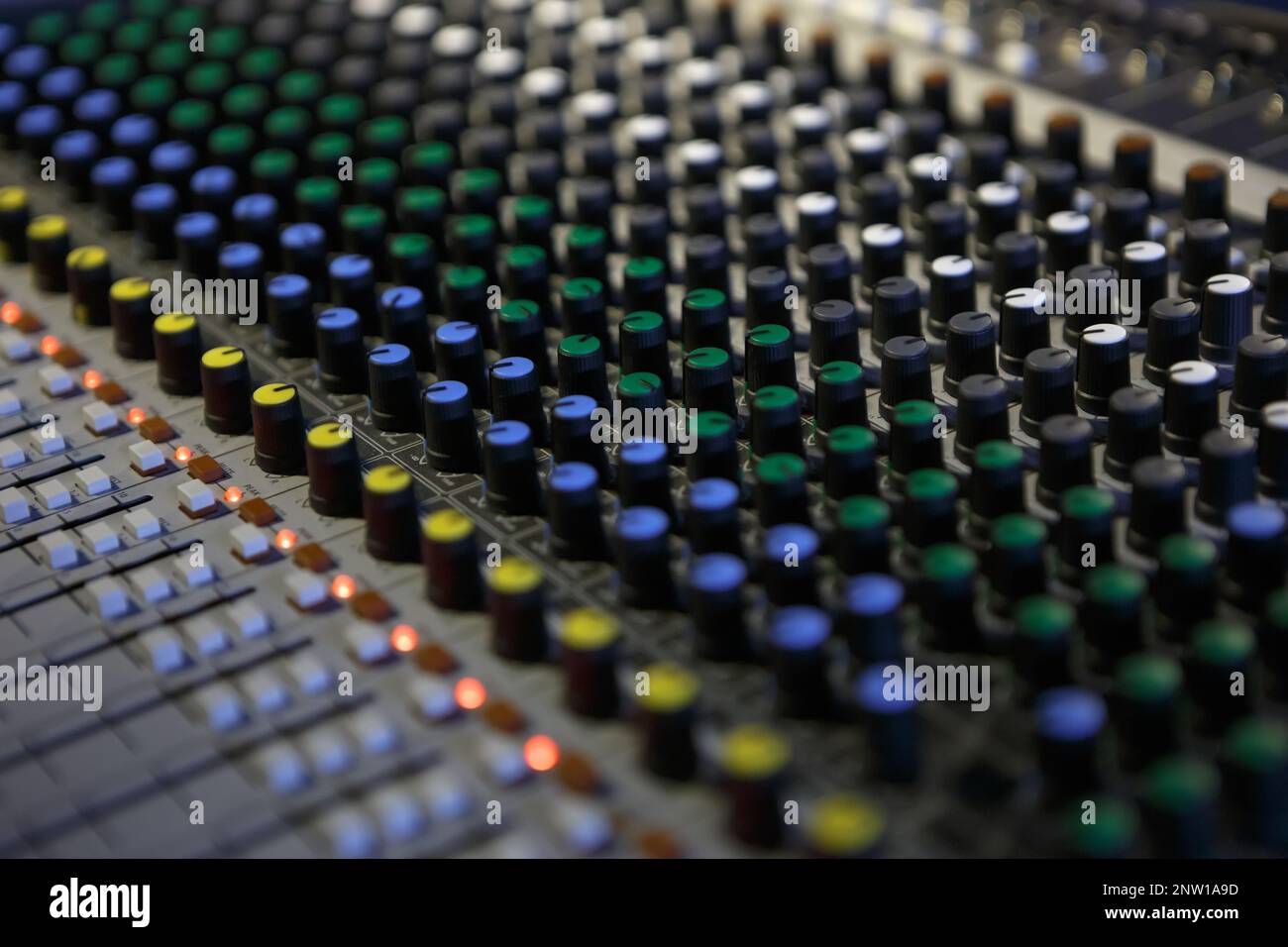 Professional audio mixer panel with volume regulators and faders. Sound ...
