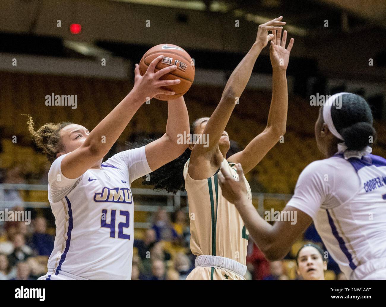 James Madison forward Devon Merritt (42) takes a rebound against ...