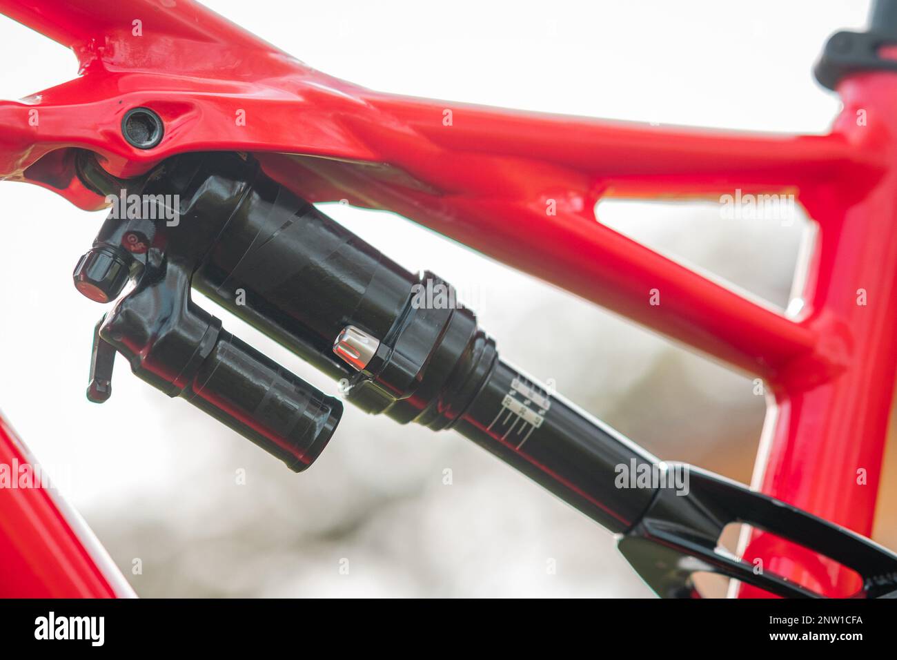 Side view of a rear shock of a modern mountain bicycle attachment point ...