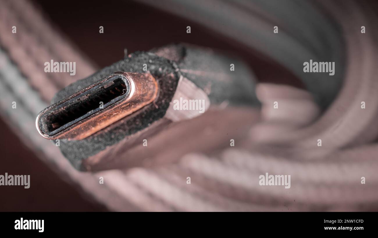 USB type C connector viewed from an angle. Movie looking photo of a ...