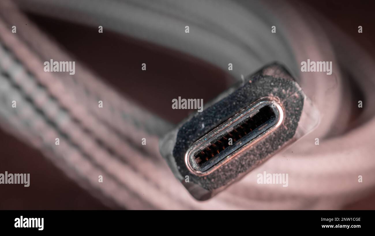 USB type C connector viewed from an angle. Movie looking photo of a ...