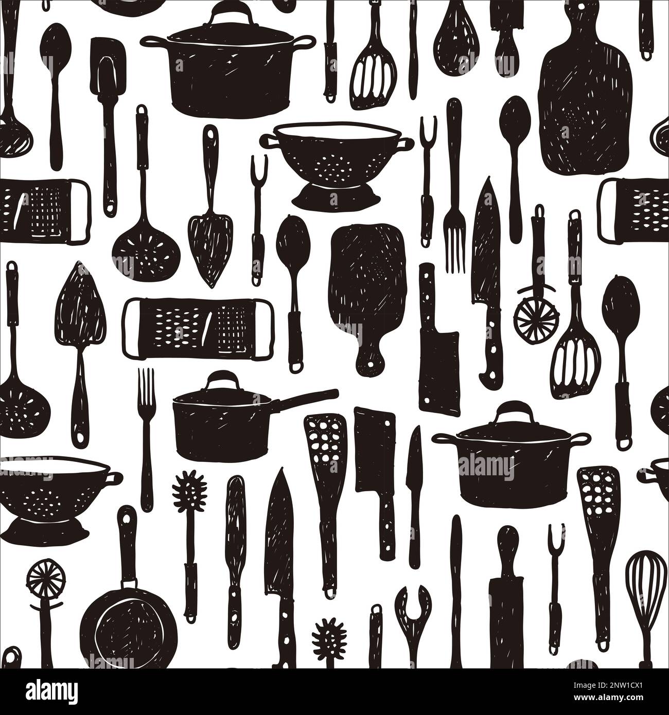 Cooking tool set seamless pattern design. Diverse kitchen utensils in ...