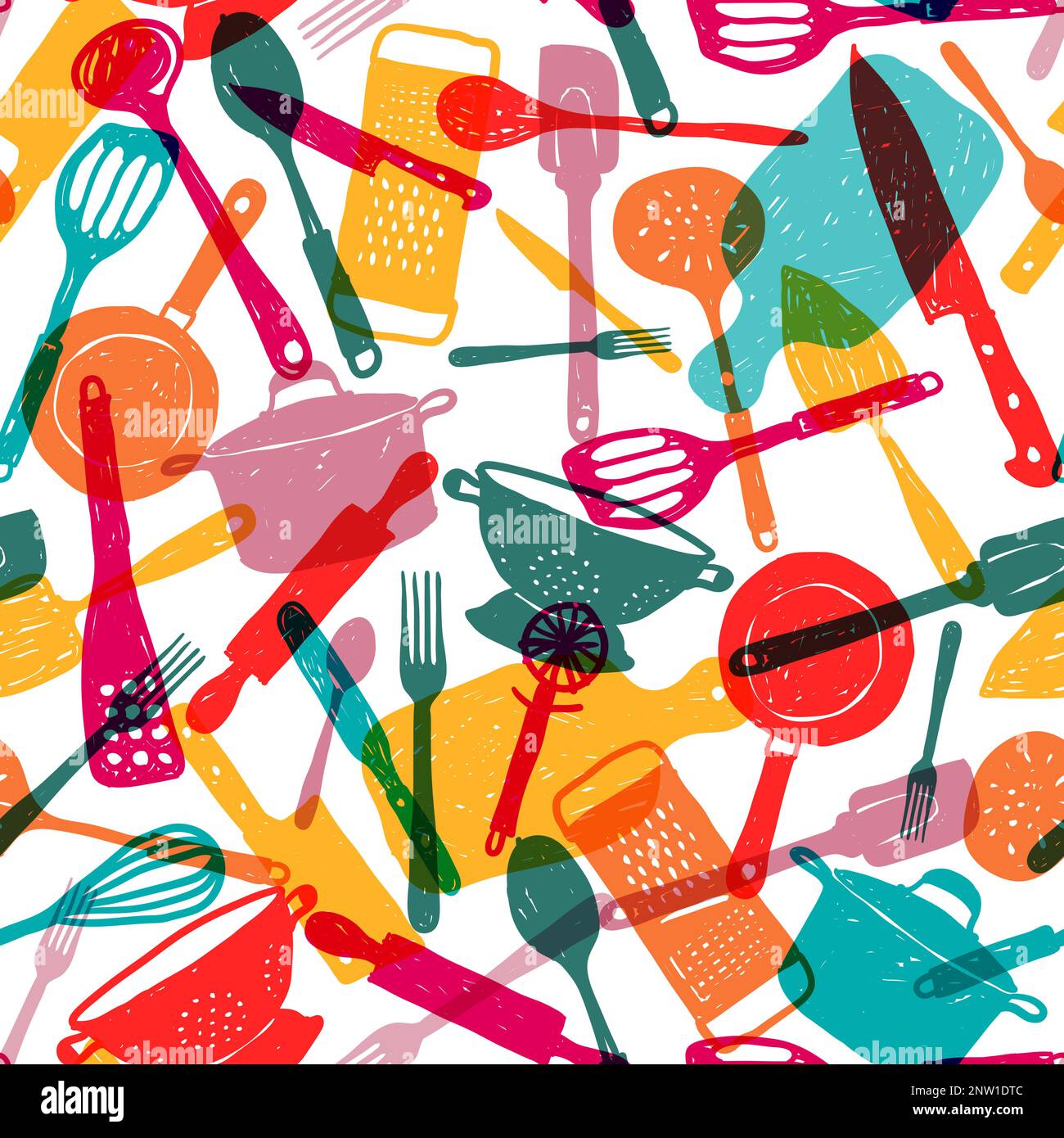 Cooking tool set seamless pattern design. Diverse kitchen utensils in ...