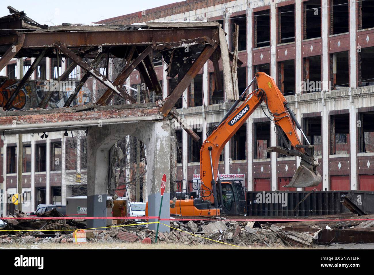 Crews clear debris Thursday, Jan. 24, 2019, in Detroit, from the ...