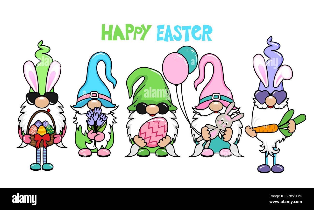 Happy Easter Day gnomes with bunny ears and eggshell. Nordic magic ...