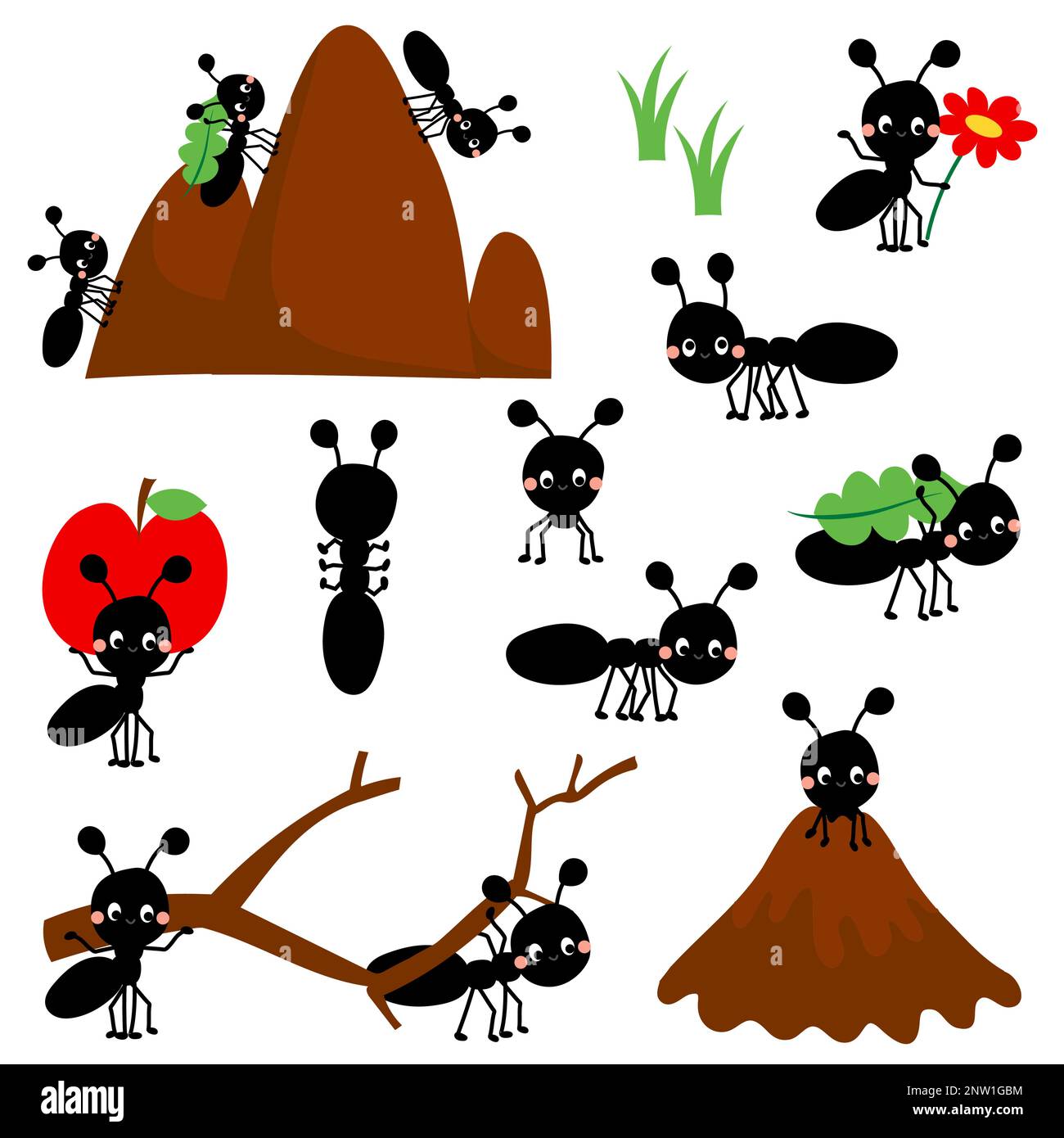 Cute cartoon ant collection with flowers, leaves and anthill. the ants ...