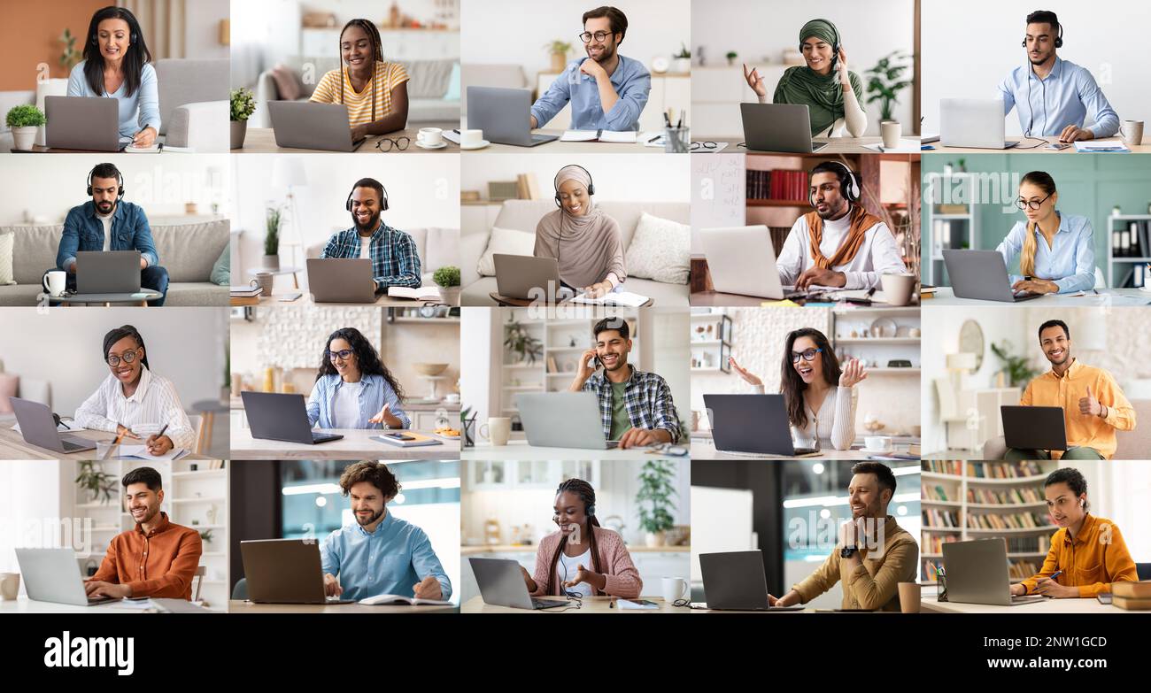Set of multiracial entrepreneurs working on computer, collage Stock ...