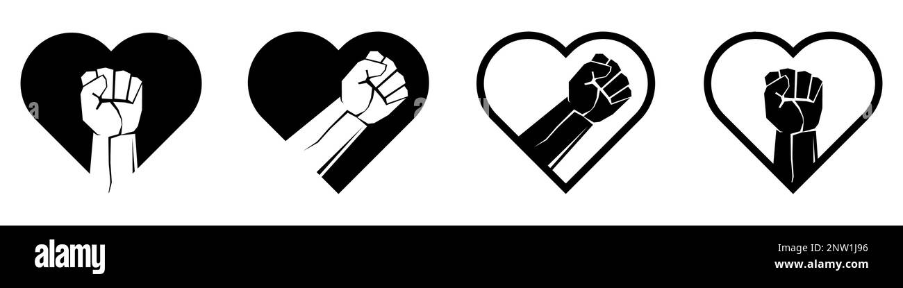 Heart shape and raised fist. Clenched fist symbol set. Security or ...