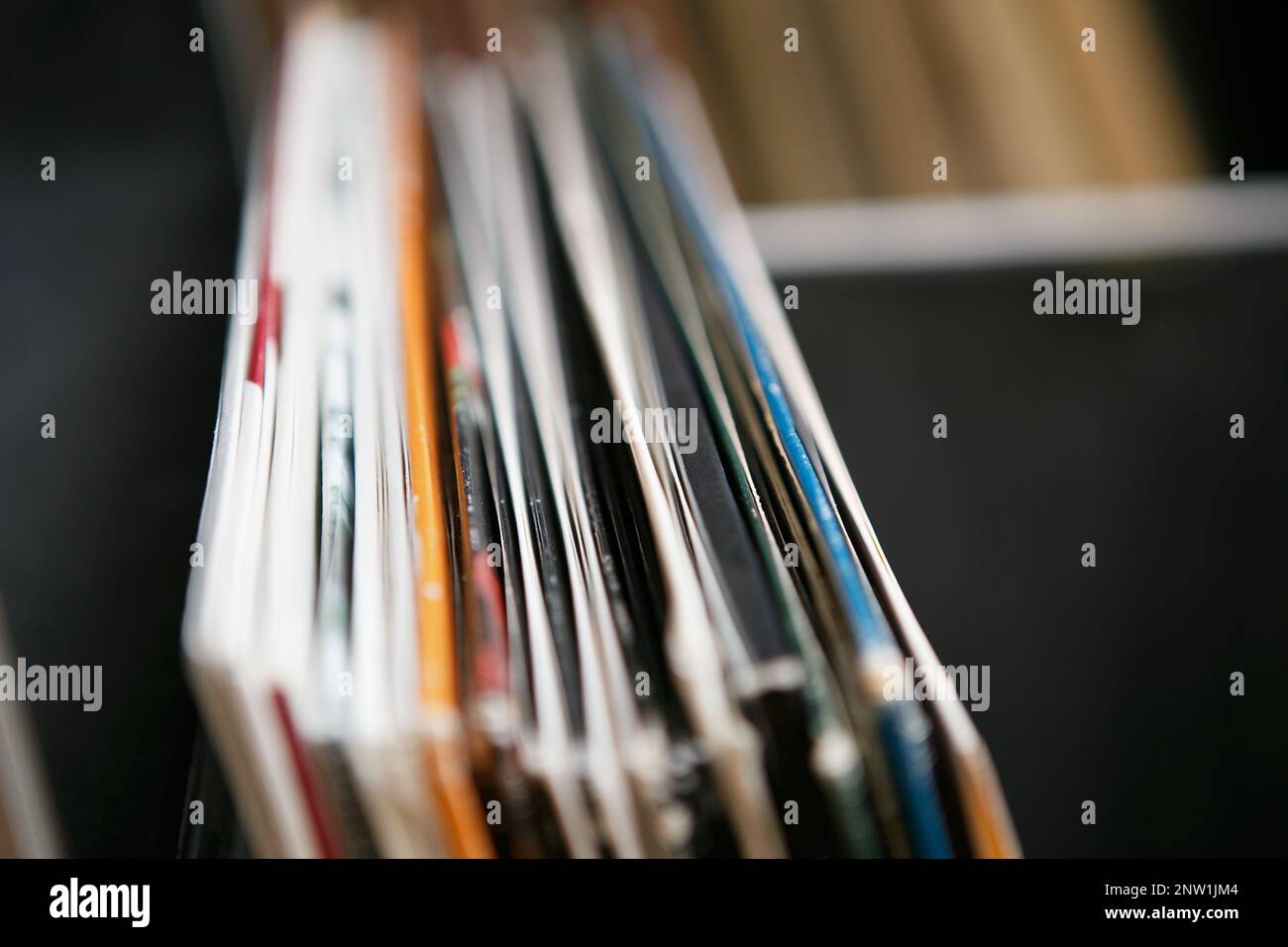 Vinyl record collection in dj case for transportation. Analog audio ...