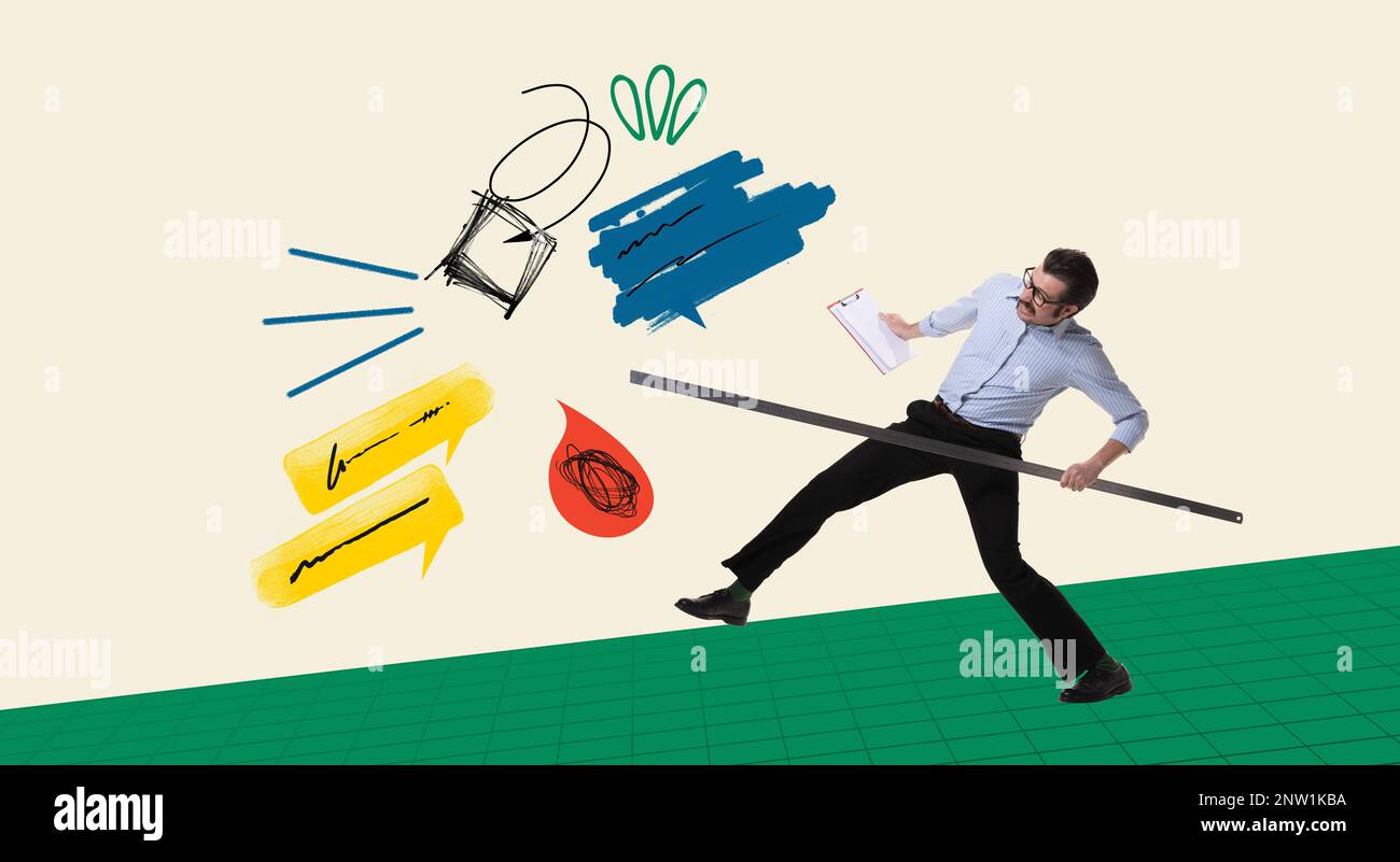 Conceptual design. Contemporary art collage. Chaos at work. Man ...