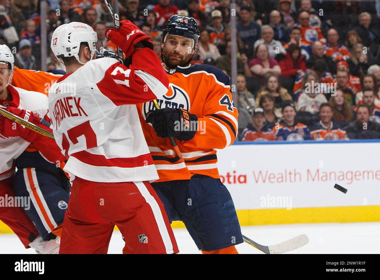 Detroit Red Wings' Filip Hronek (17) and Edmonton Oilers' Zack Kassian ...