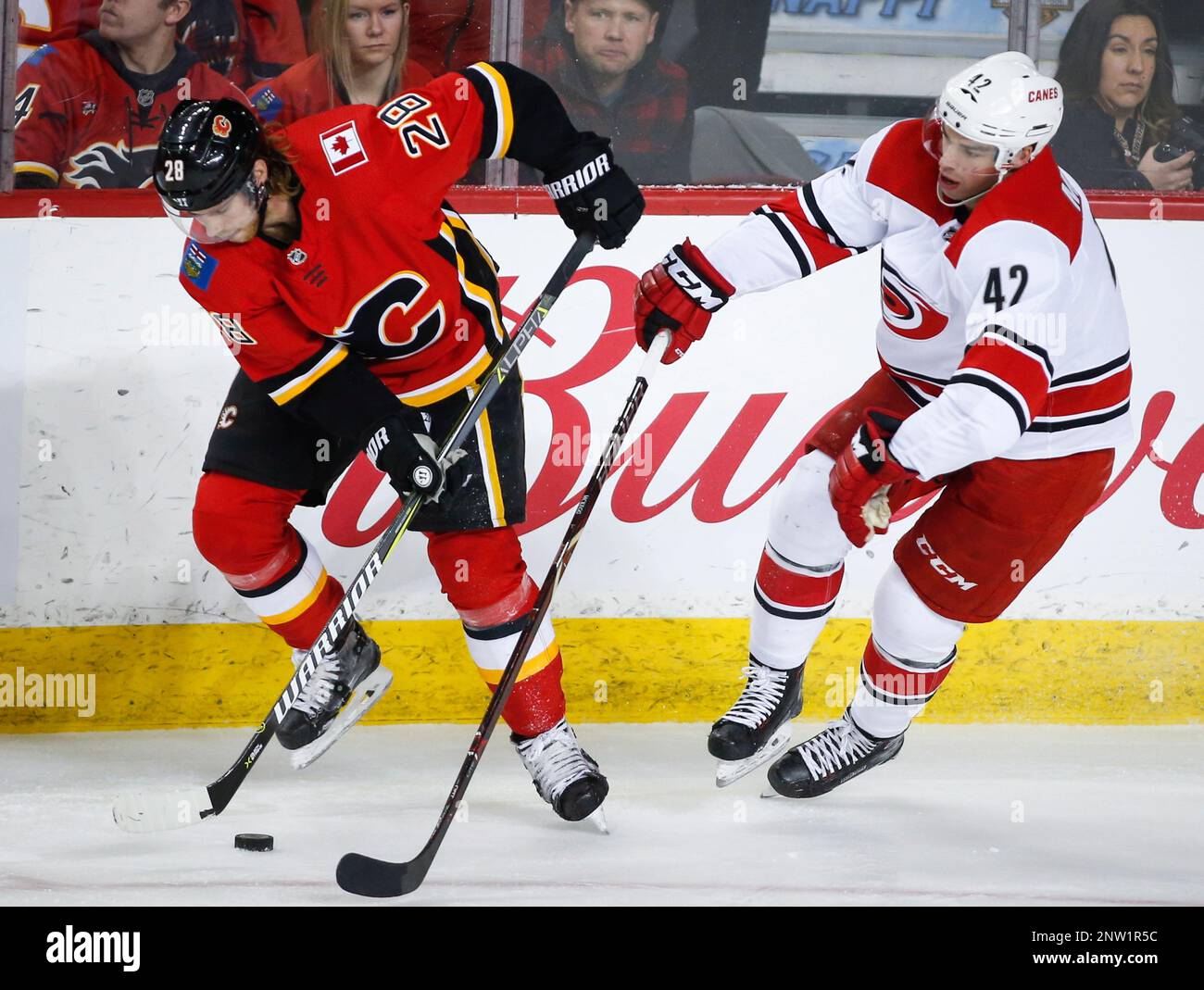 Carolina Hurricanes' Greg McKegg, right, chases Calgary Flames' Elias ...