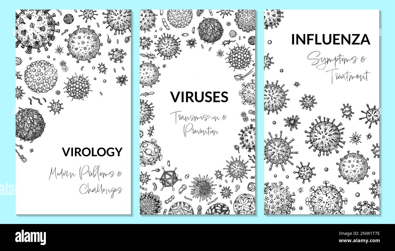 Virus vertical background in sketch style. Hand drawn bacteria, germ ...