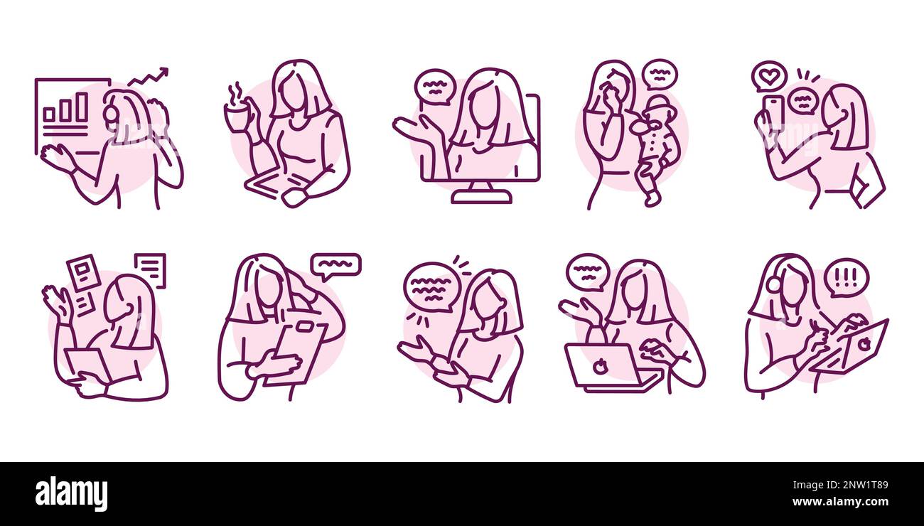 Businesswoman color line icons set. Female entrepreneur, influencer ...