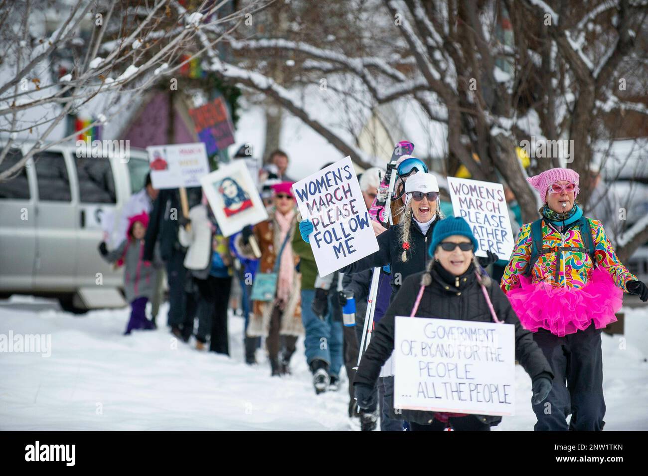 Men and women march to Paepcke Park in Aspen, Colo. on Jan. 19, 2019 ...