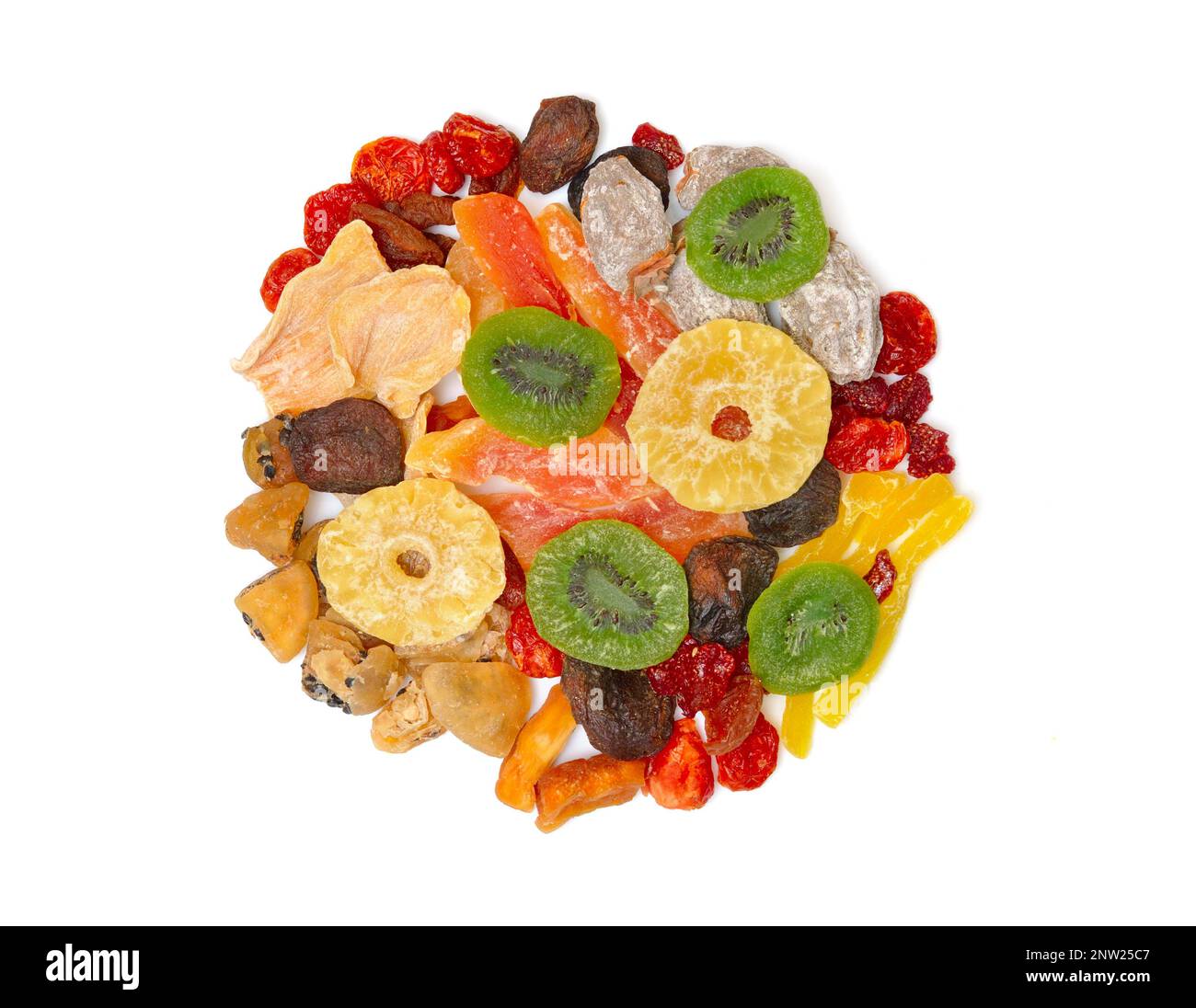 Dried fruits mix. It has the shape of a circle. Isolated on white ...