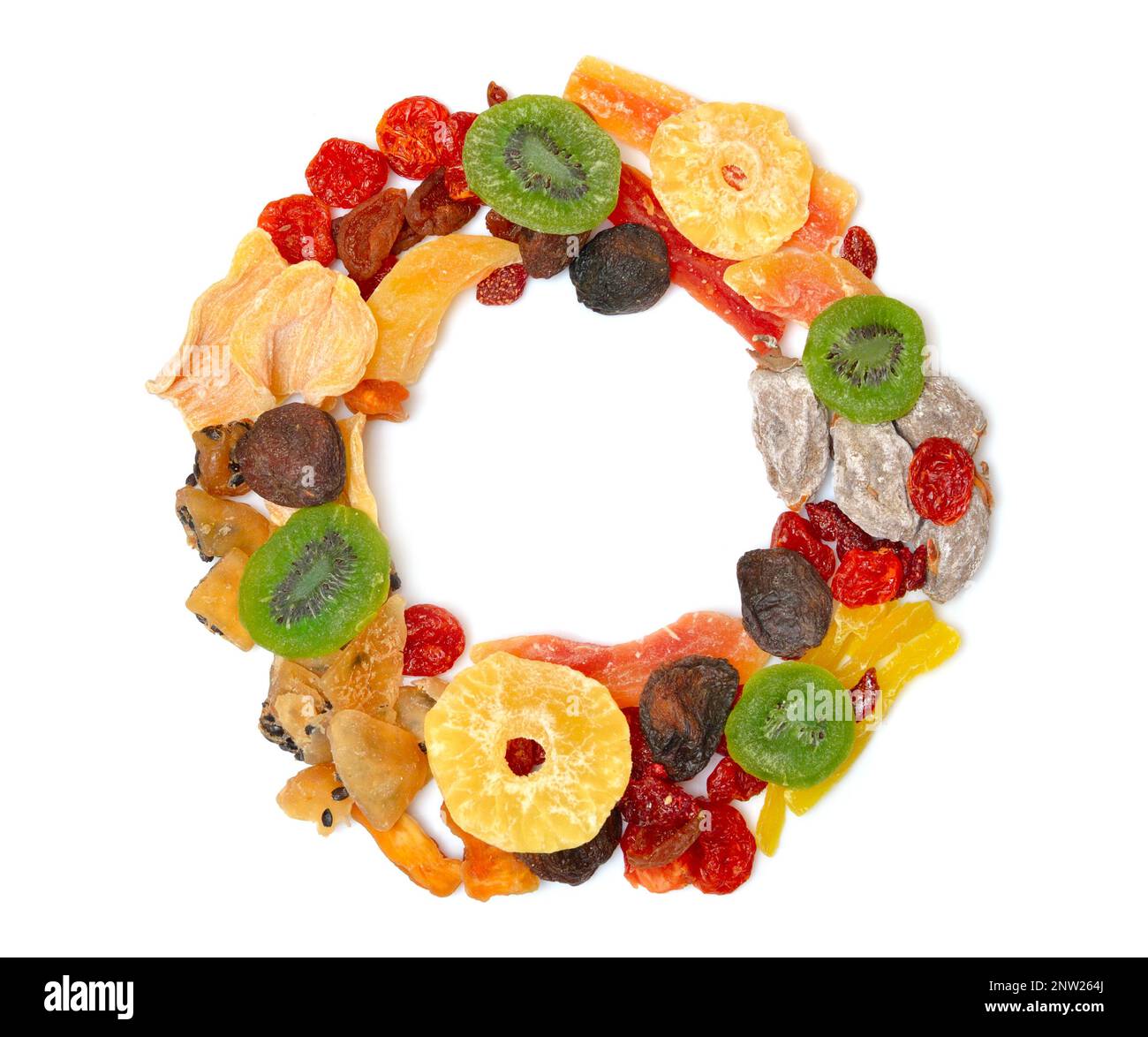 Dried fruits mix. It has the shape of a circle. Isolated on white ...