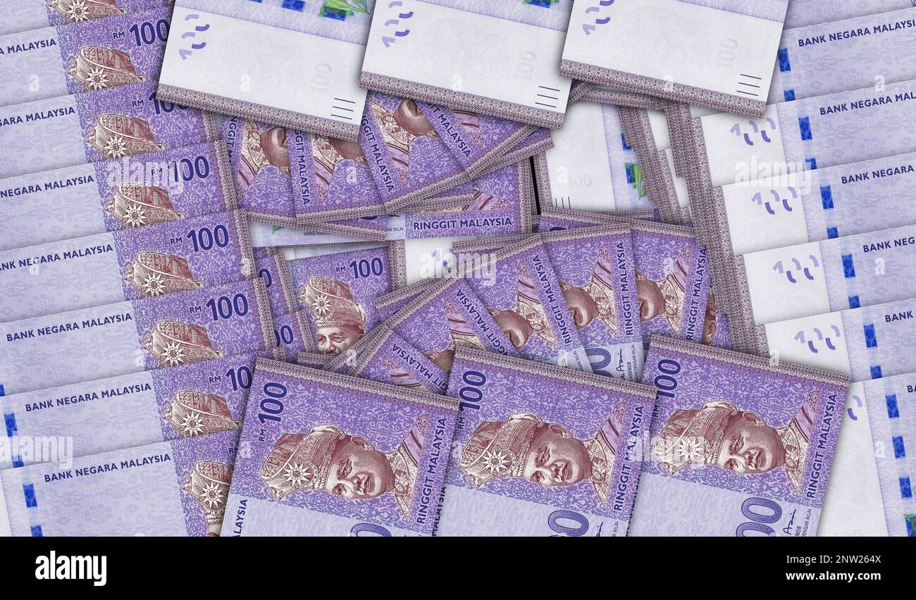 Malaysia Ringgit banknotes in a cash fan mosaic pattern. Malaysian 100 ...