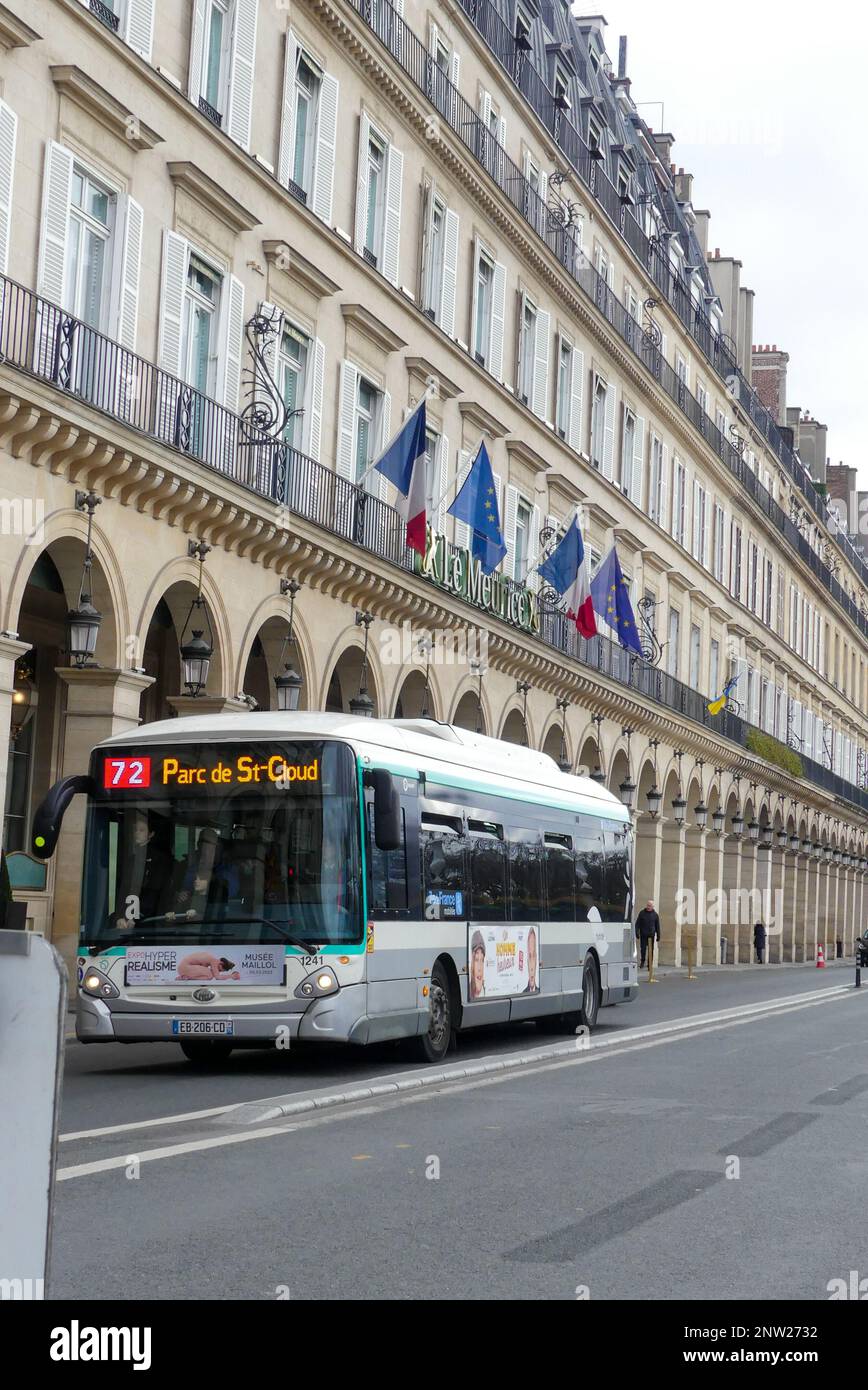 Paris, France. February 19. 2023. Public transport bus. View of a RATP ...