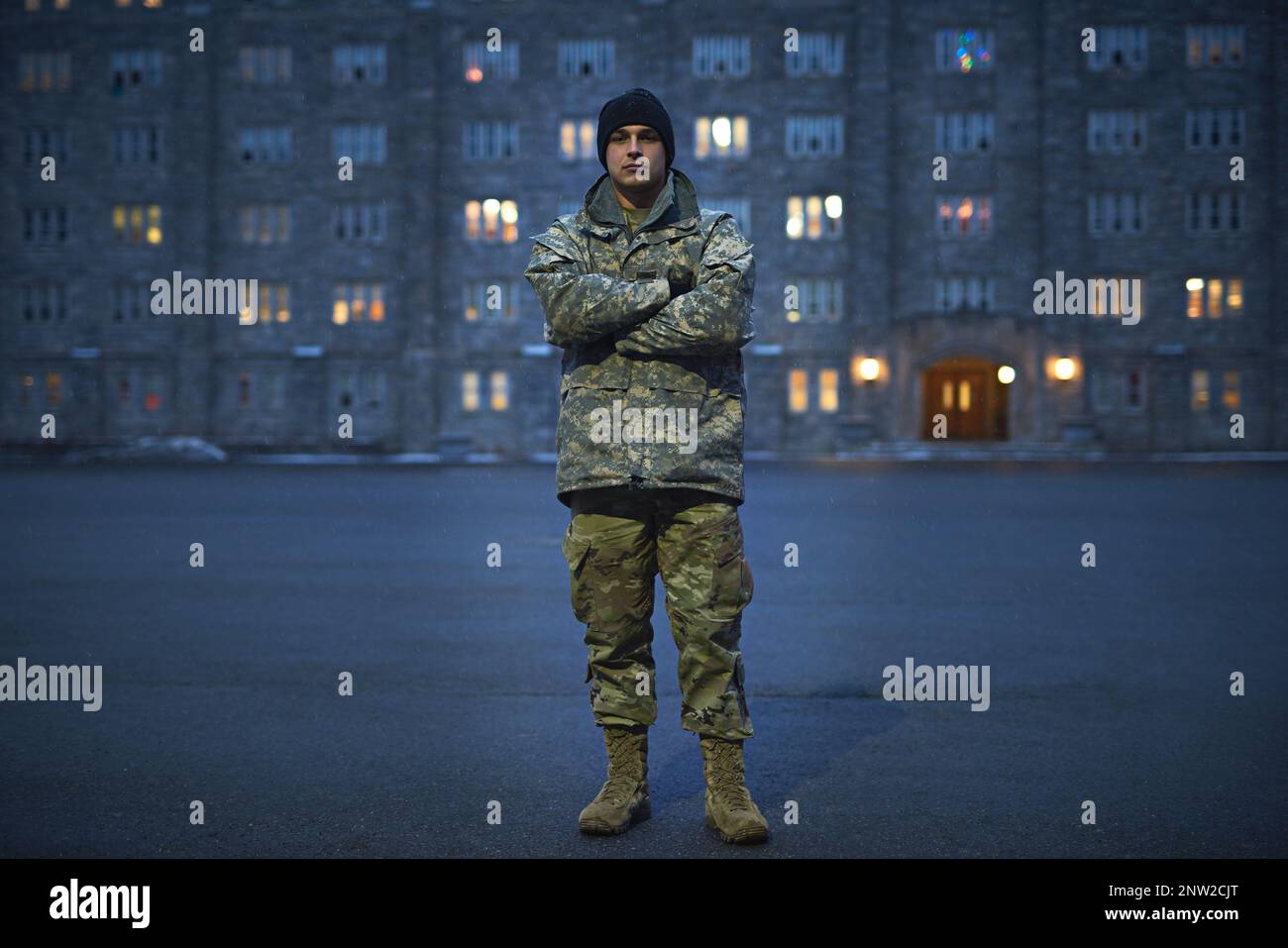 Today a cadet, tomorrow a colonel. Shot of a young soldier standing ...