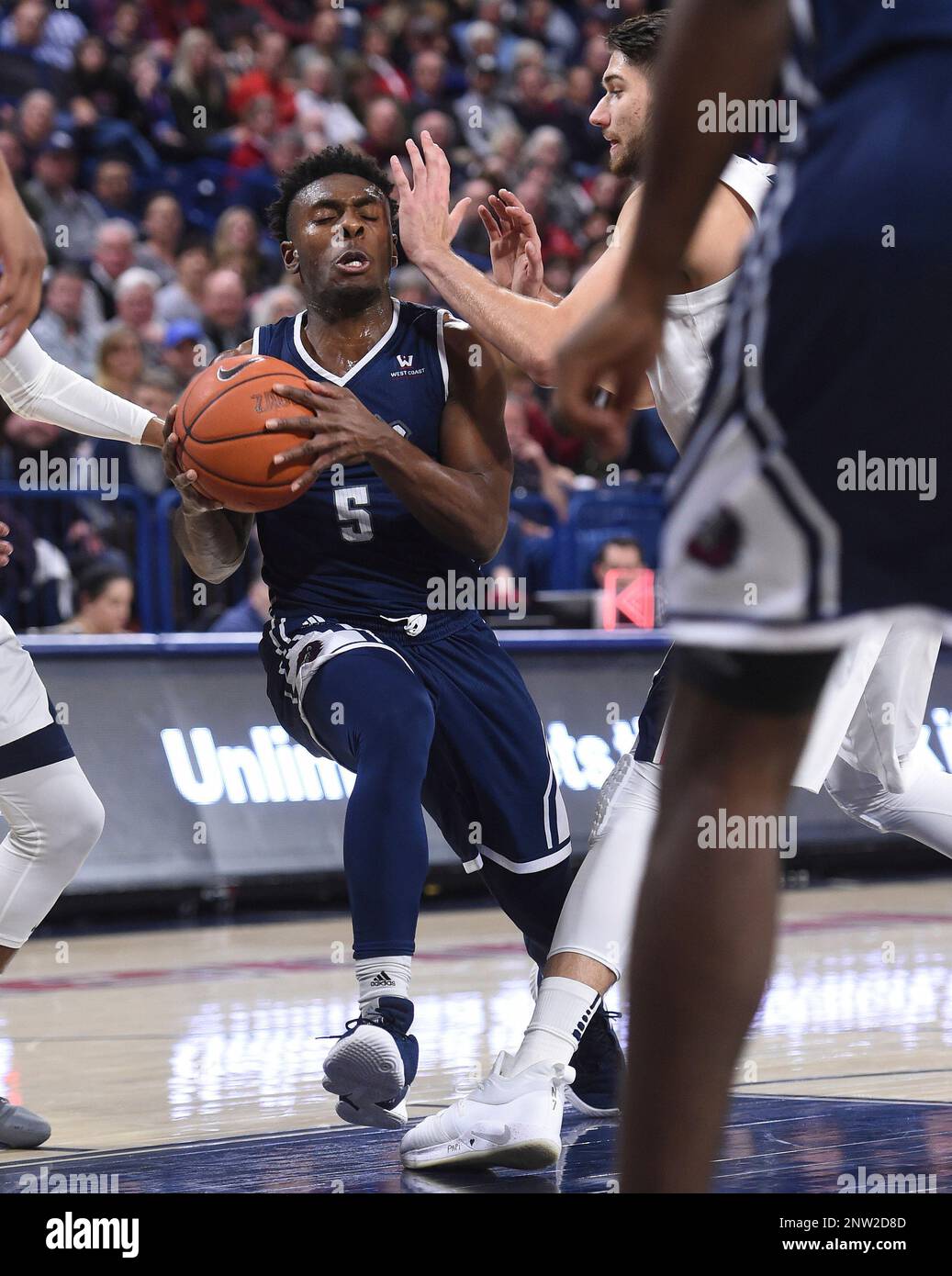 SPOKANE, WA - JANUARY 17: LMU guard James Batemon (5) drives with the ...