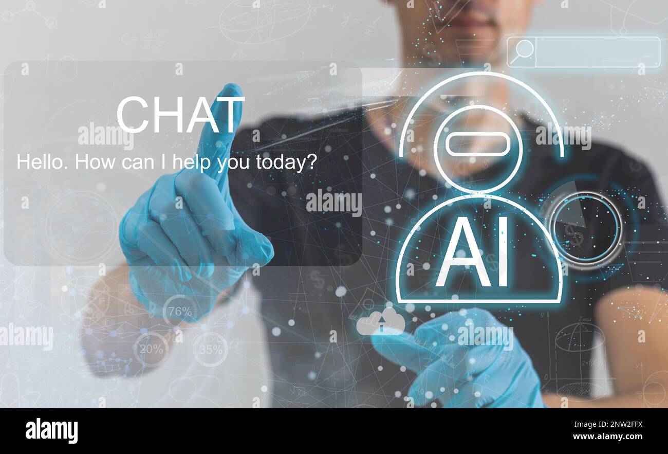 Chat with AI or Artificial Intelligence. Young businessman chatting ...