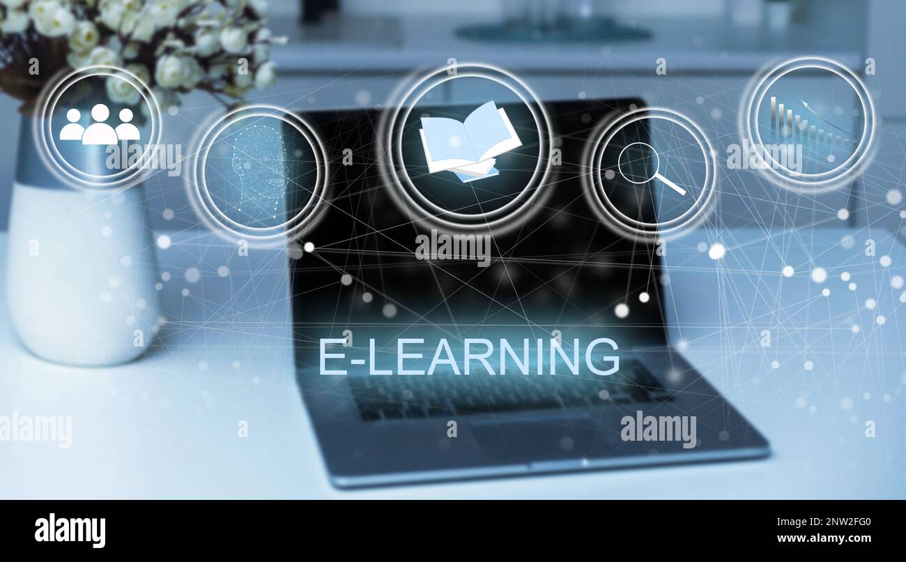 E-learning education, internet lessons and online webinar. Person who ...